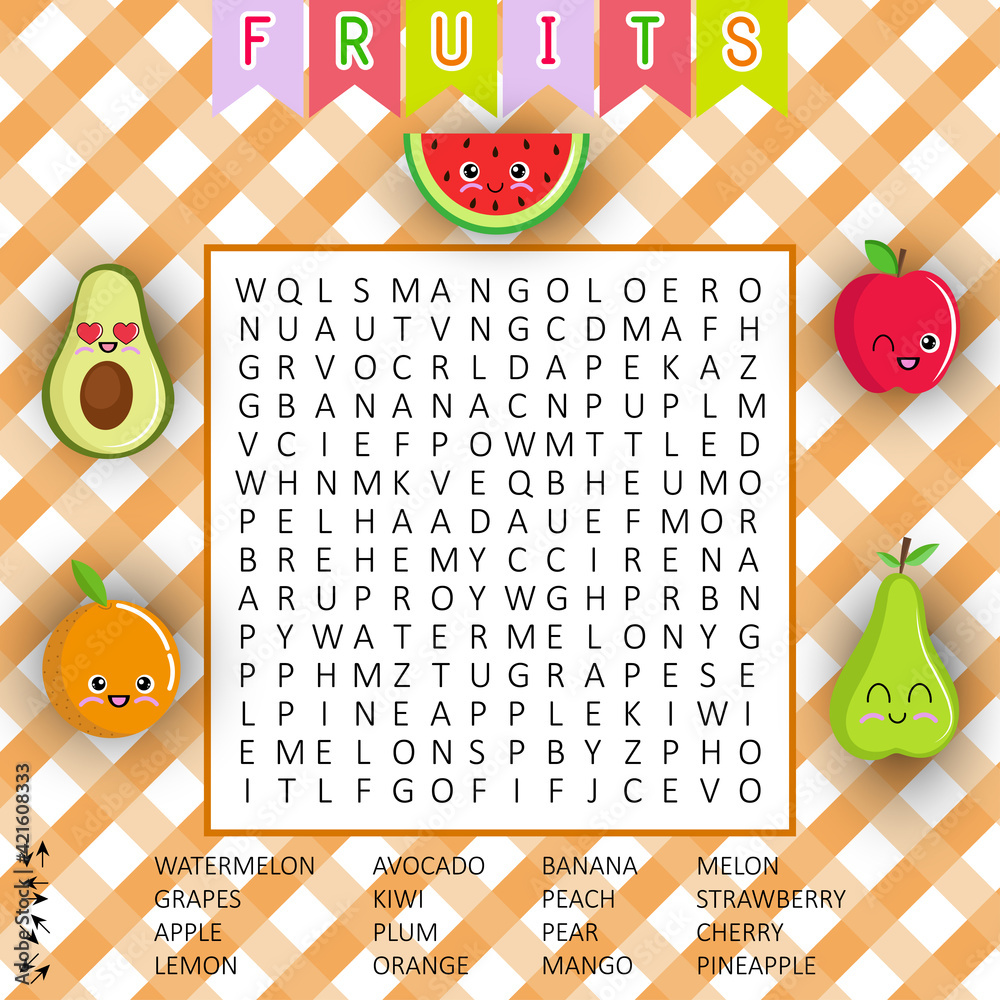 Word search puzzle about fruits. Educational game for learning English ...