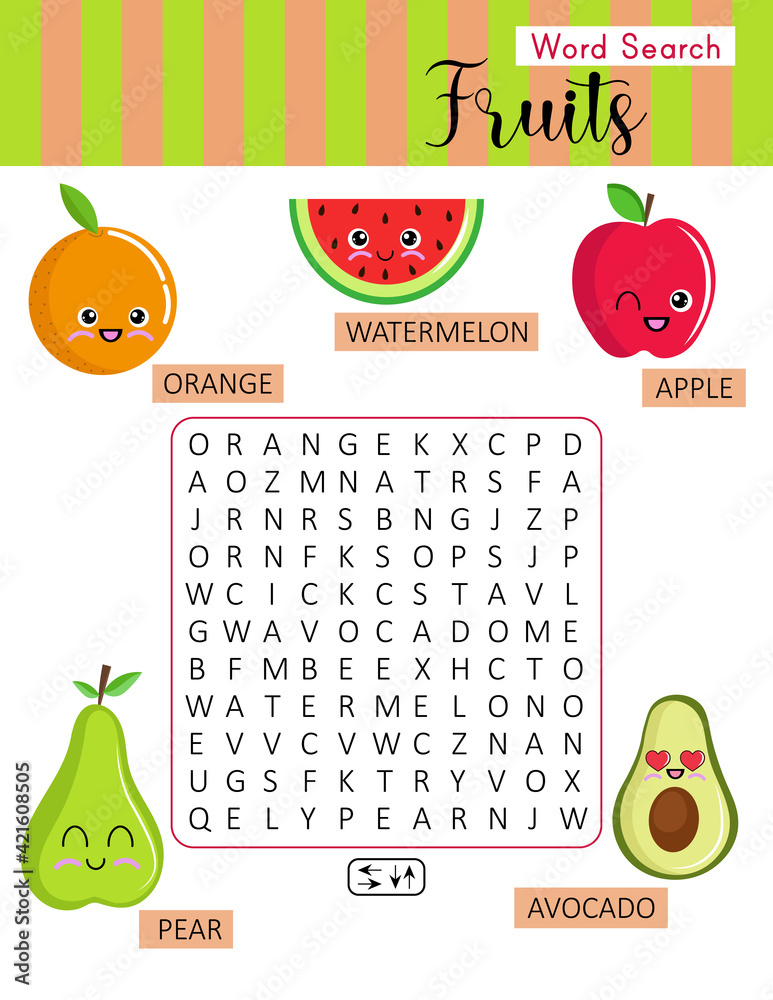 Word search puzzle about fruits. Educational game for learning English ...