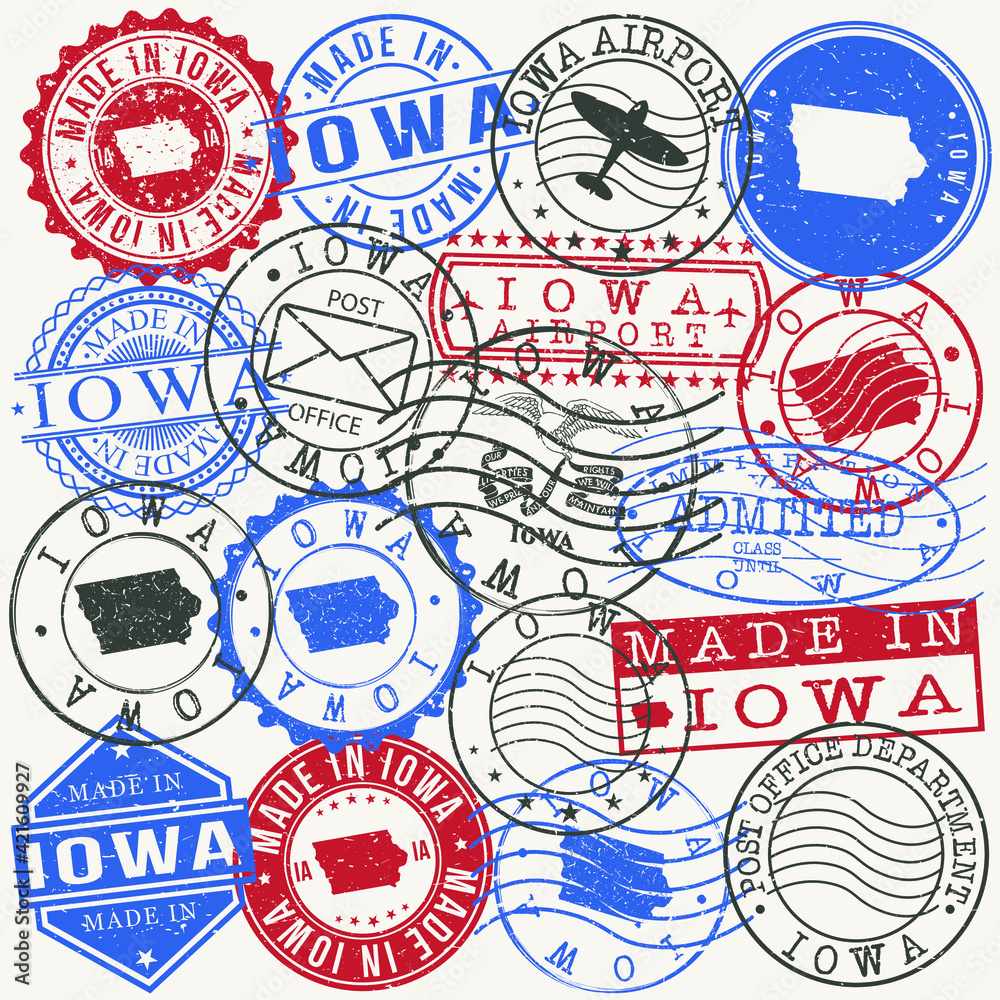 Iowa, USA Set of Stamps. Travel Passport Stamps. Made In Product ...