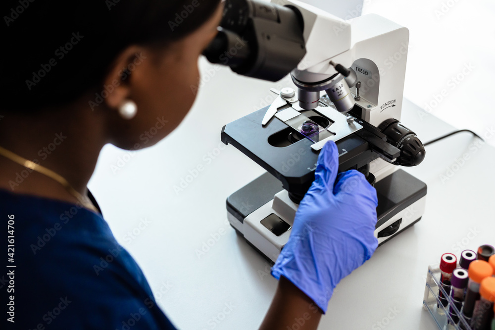 Black female medical professional in laboratory looking through ...