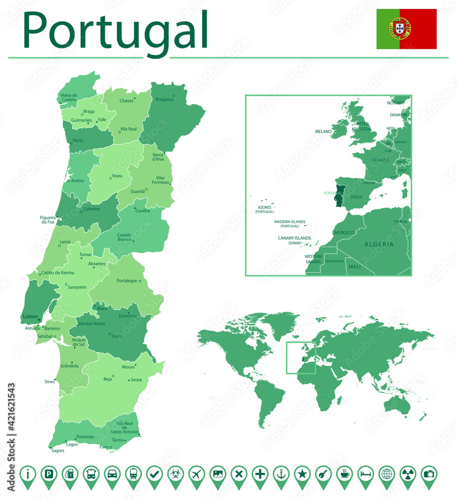 Vetor de Portugal detailed map and flag. Portugal on world map. do ...
