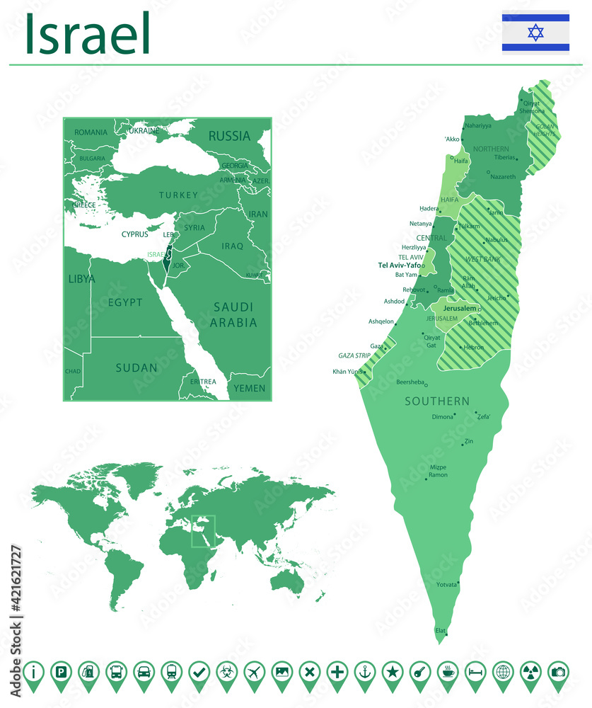 Israel detailed map and flag. Israel on world map. Stock Vector | Adobe ...