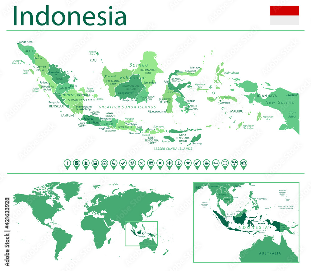 Indonesia detailed map and flag. Indonesia on world map. Stock Vector ...