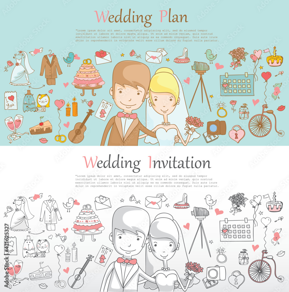 Doodle line design of web banner template with outline cartoon wedding ...