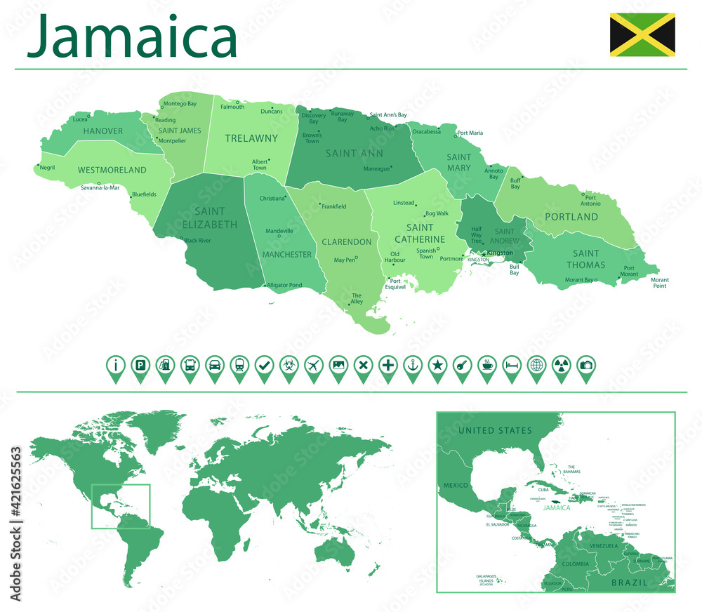 Jamaica detailed map and flag. Jamaica on world map. Stock Vector ...