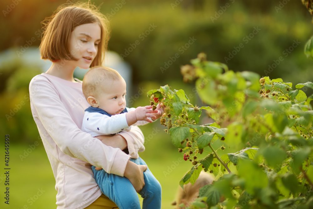 Cute big sister holding her baby brother. Pretty teenage girl picking ...