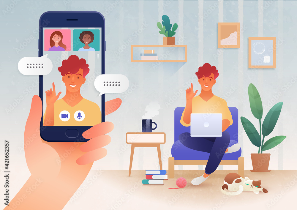 Virtual online communication via video call app between friends using ...