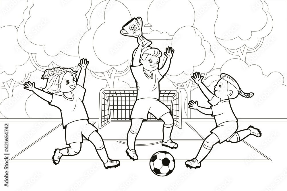 Coloring book: soccer girls celebrating victory in soccer while holding ...