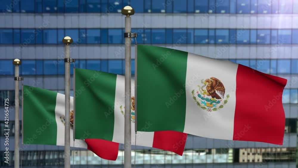 3D illustration Mexican flag waving in a modern skyscraper city ...