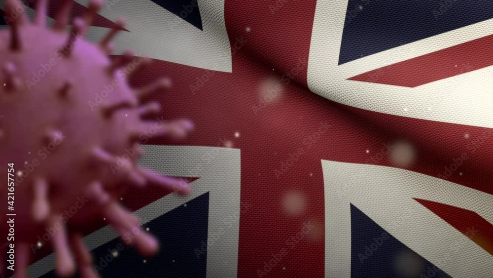 Flu coronavirus floating over United Kingdom flag, a pathogen that ...
