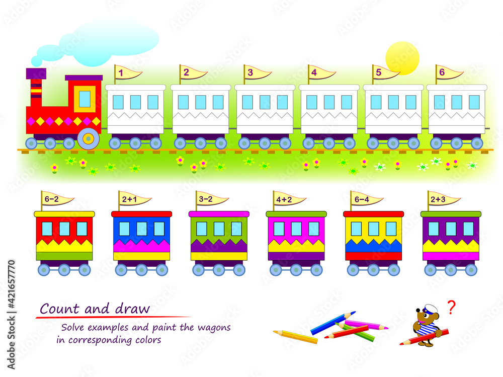 Count and draw. Math education for children. Solve examples and paint ...