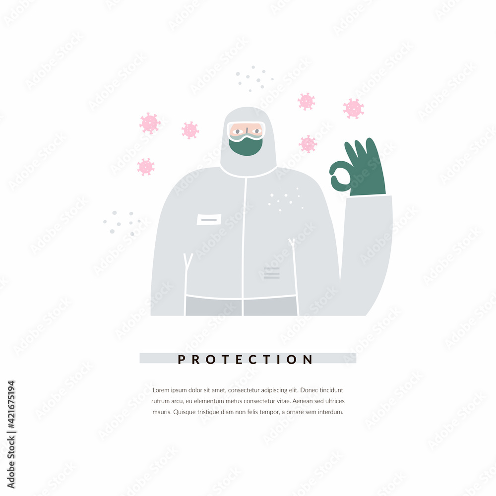 Medicine professional in medical suit and covid-19 virus cells in the ...