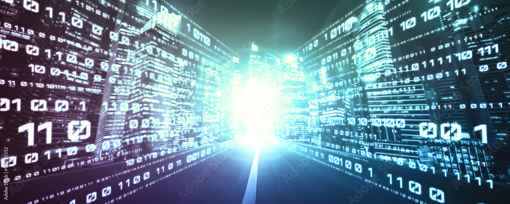 Digital data flow on road with motion blur to create vision of fast ...