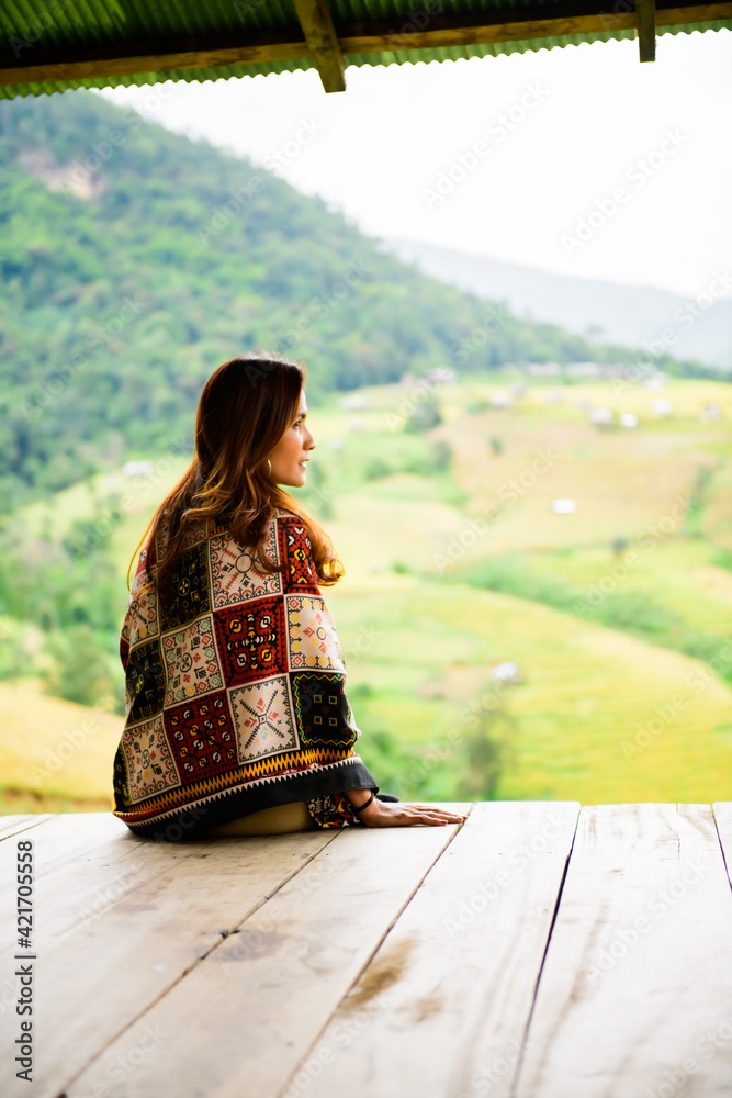 Asian Woman in Thai Native Pavilion with Rice Field Background at Pa ...