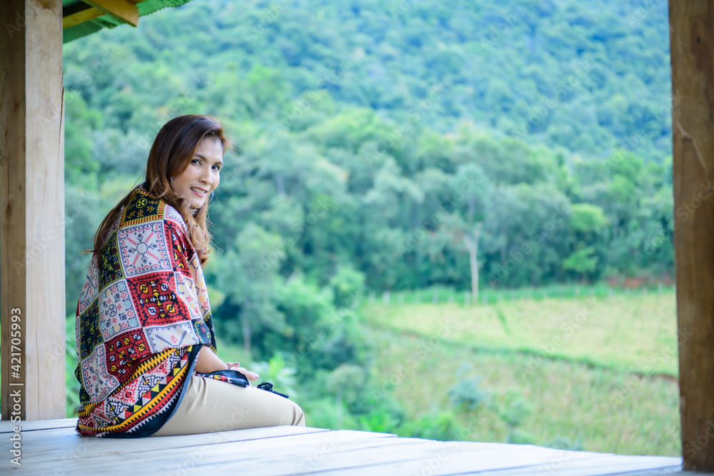 Asian Woman in Thai Native Pavilion with Rice Field Background at Pa ...