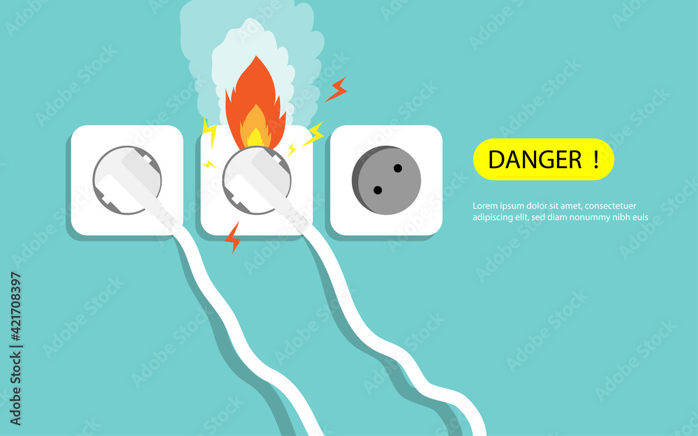 Electric risk burn. electric shock, Overload plug in power outlet in ...