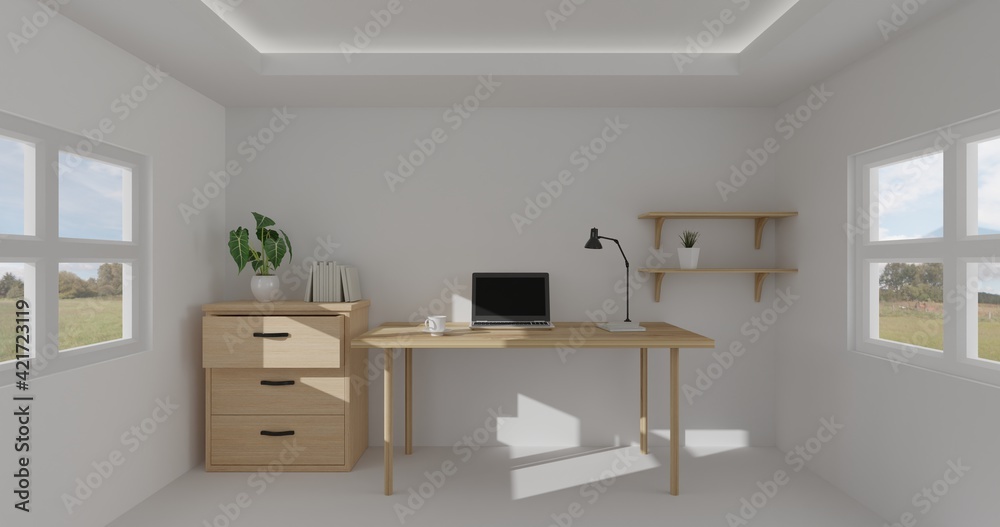 3d render interior room. minimal style design. working desk. home ...