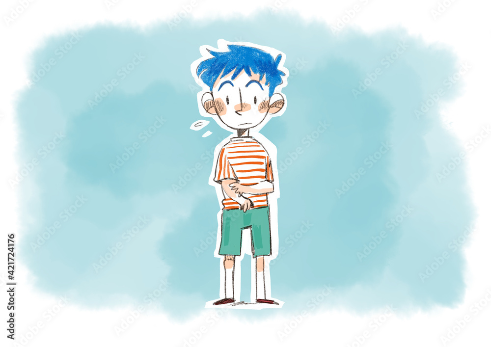 Child with blue hair and striped shirt. Pensive child drawing ...