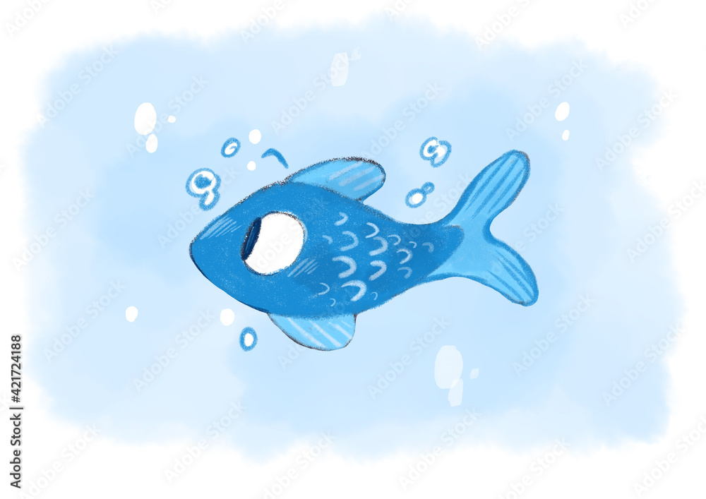 Small blue fish in the sea. Cute drawing for an illustrated story ...