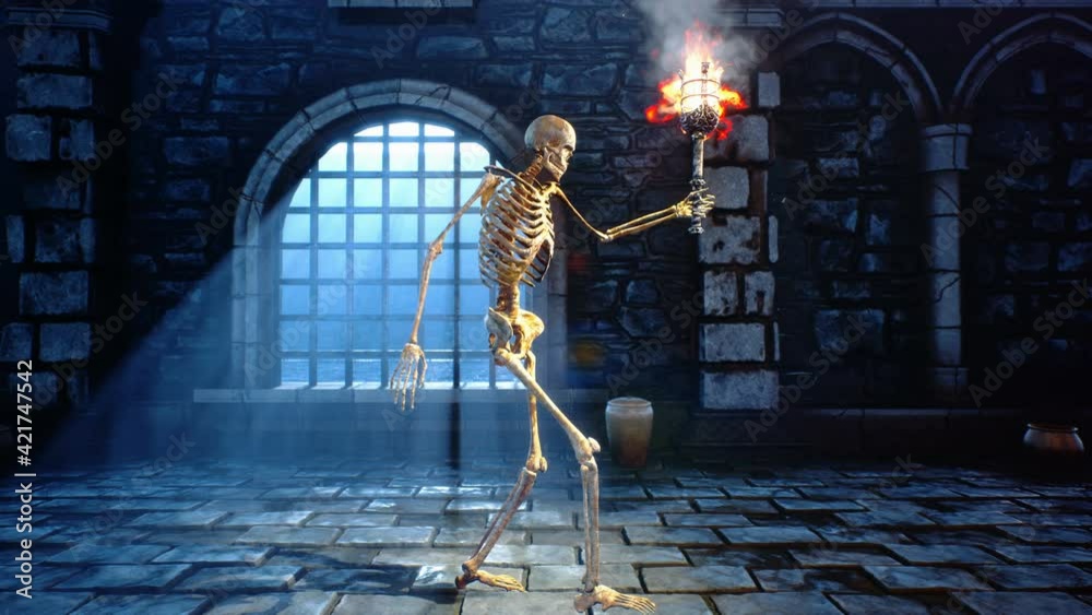 A spooky ancient skeleton with a torch walks through the medieval ...