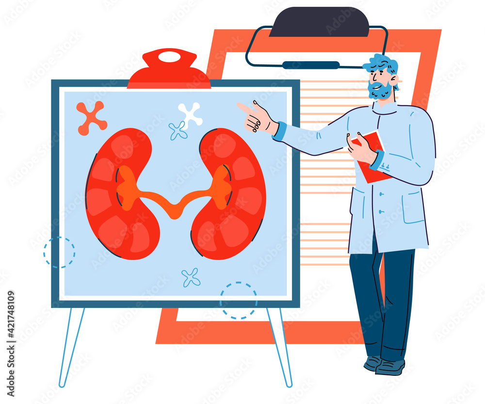 Doctor male cartoon character pointing at banner with image of kidneys ...