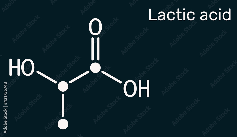Lactic acid, lactate, milk sugar, C3H6O3 molecule. It is food additive ...