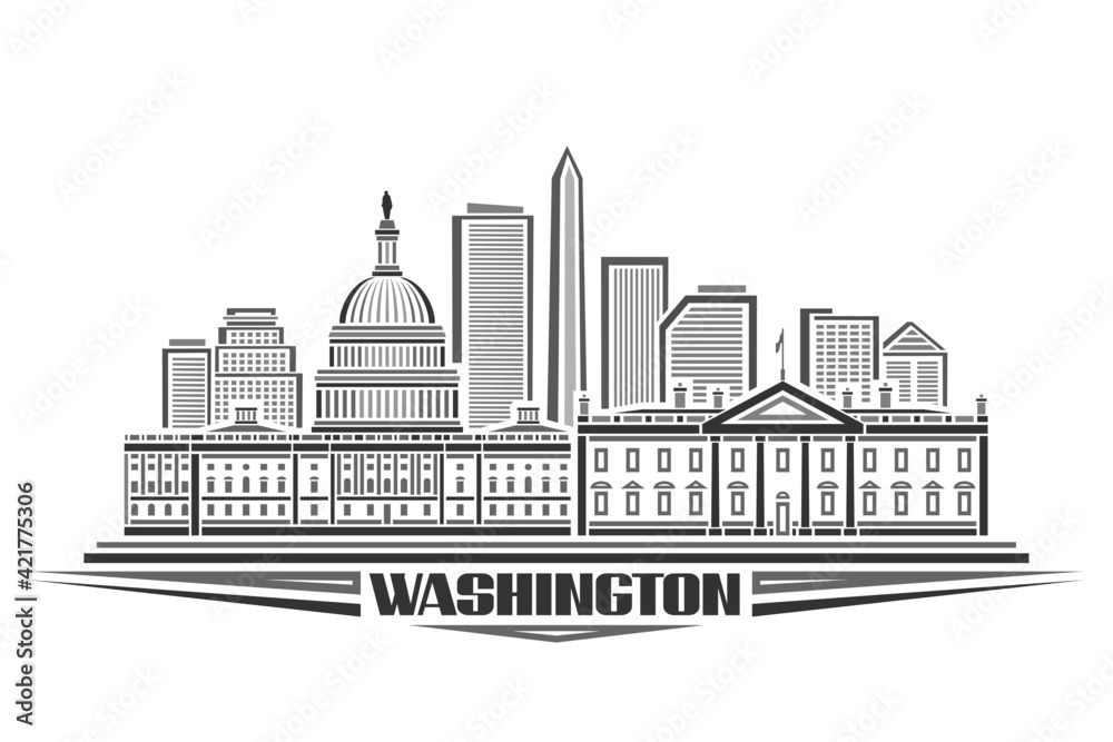 Vector illustration of Washington, monochrome horizontal poster with ...