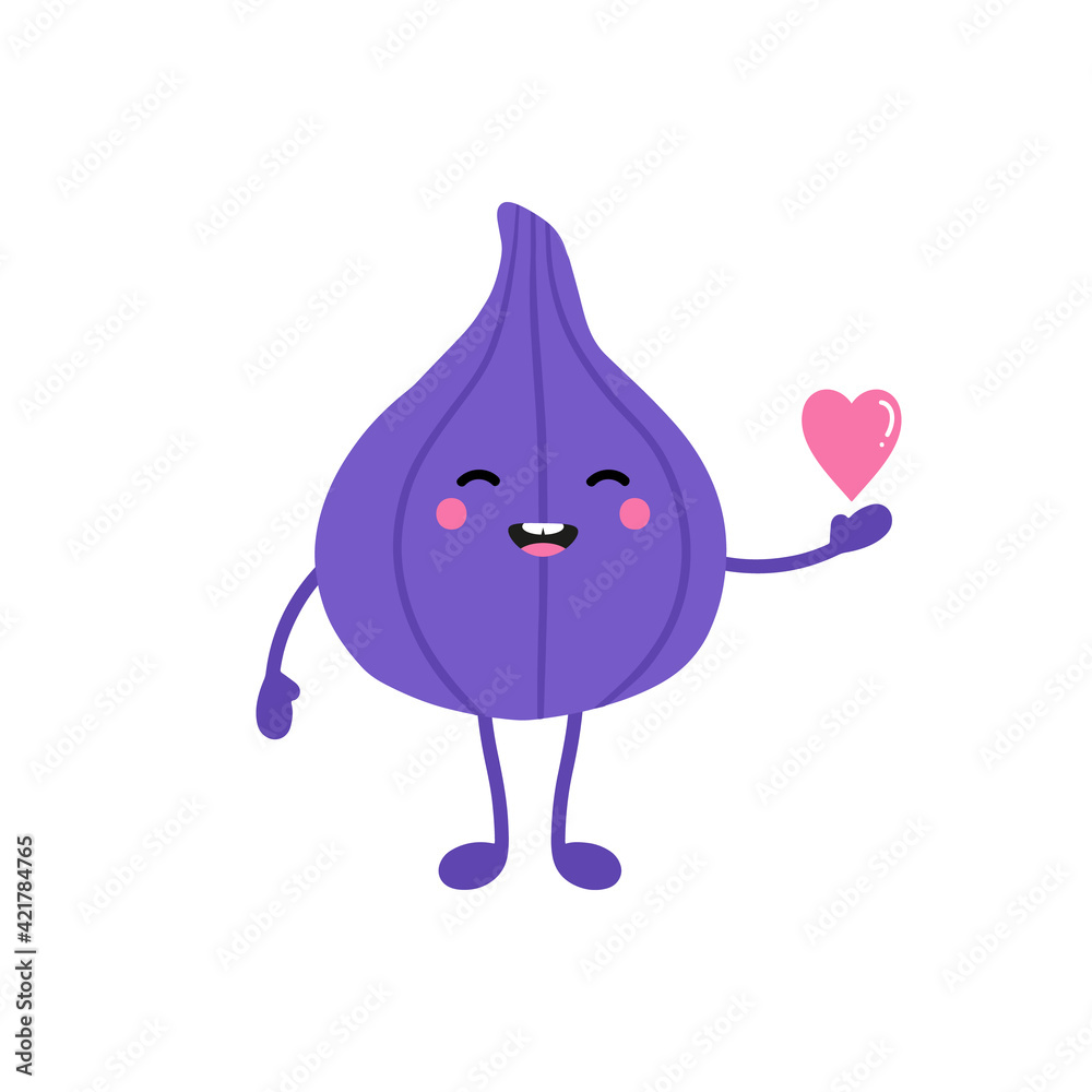 Cute cartoon style smiling fig fruit character holding in hand pink ...