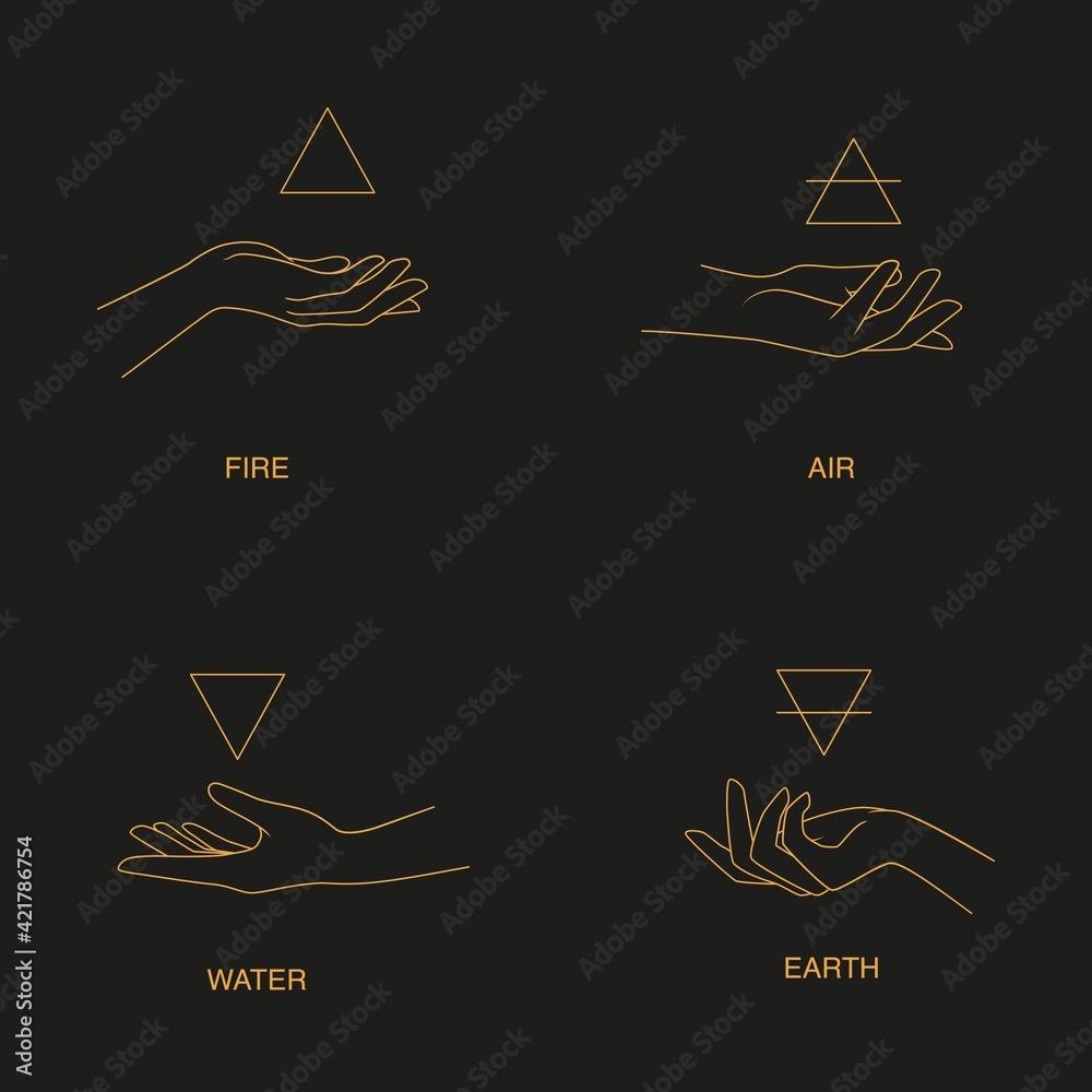 Hands hold symbols of alchemical elements - fire, air, water, earth ...