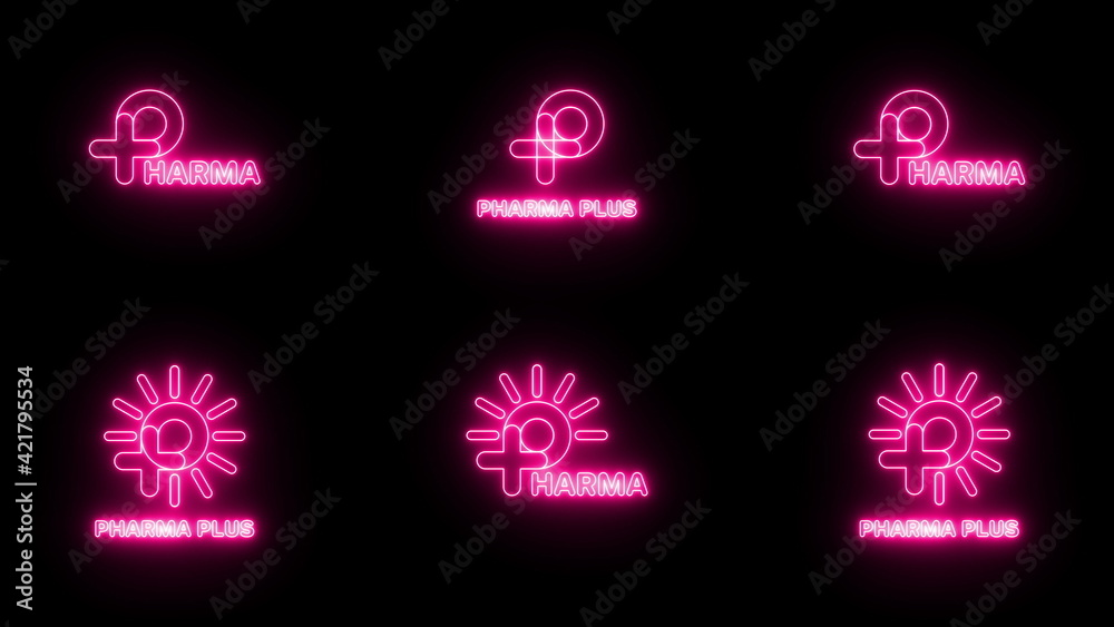 Set of Neon pink sign P logo banner background. P with plus and sun ...
