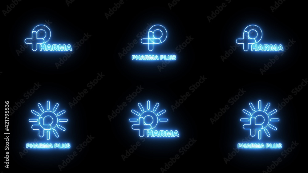 Set of Neon blue sign P logo banner background. P with plus and sun ...