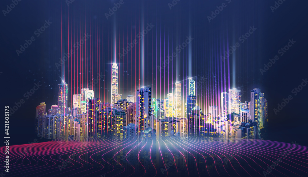 Futuristic smart city structure in space abstract red blue background ...