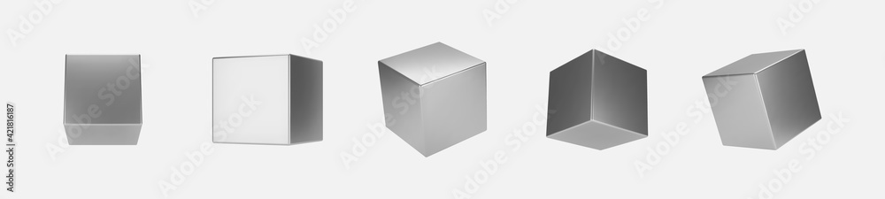 3d silver metal cubes set isolated on light background. Render a ...