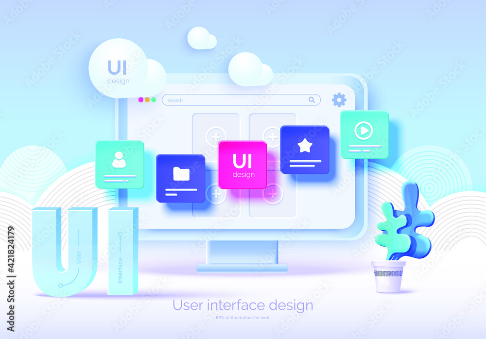 Mockup 3D monitor with user interface elements for web design Software ...