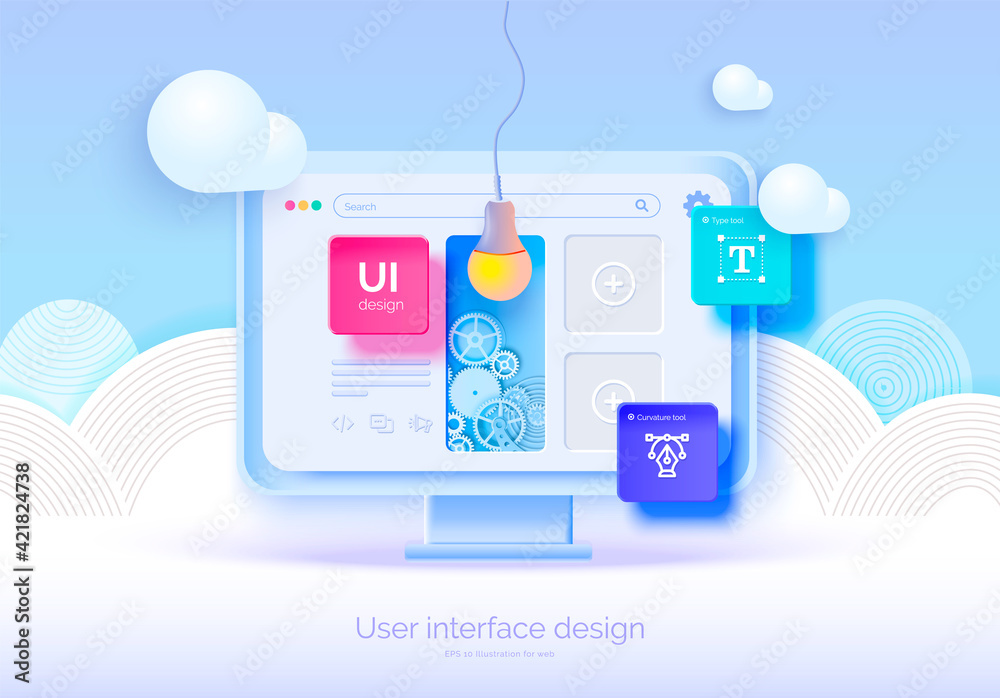 Mockup 3D monitor with user interface elements for web design Software ...