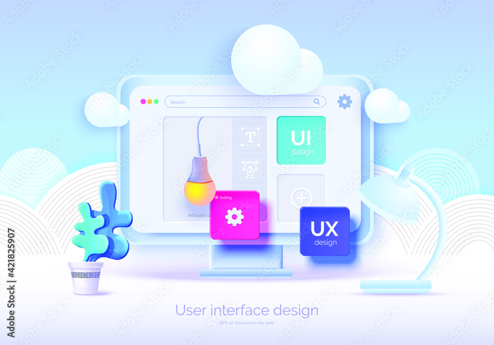 Mockup 3D monitor with user interface elements for web design Software creator. User interface ...
