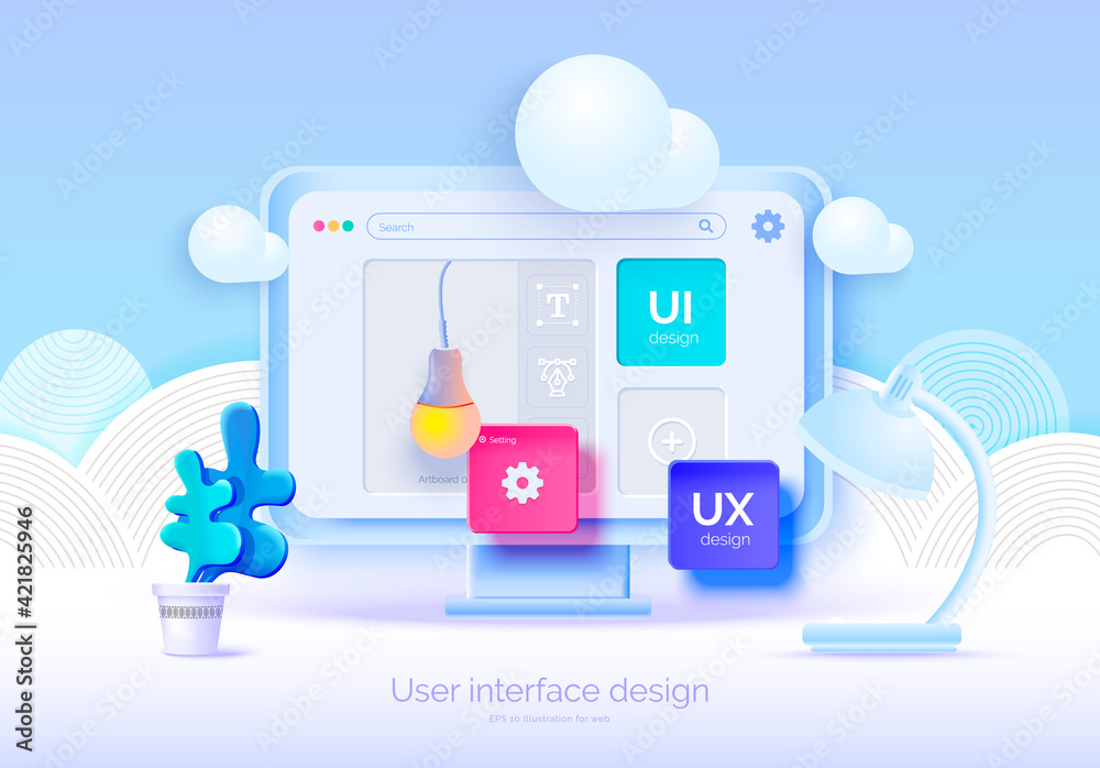 Mockup 3D monitor with user interface elements for web design Software creator. User interface ...