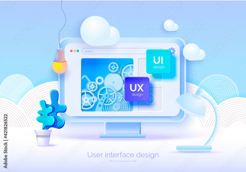 Mockup 3D monitor with user interface elements for web design Software creator. User interface ...