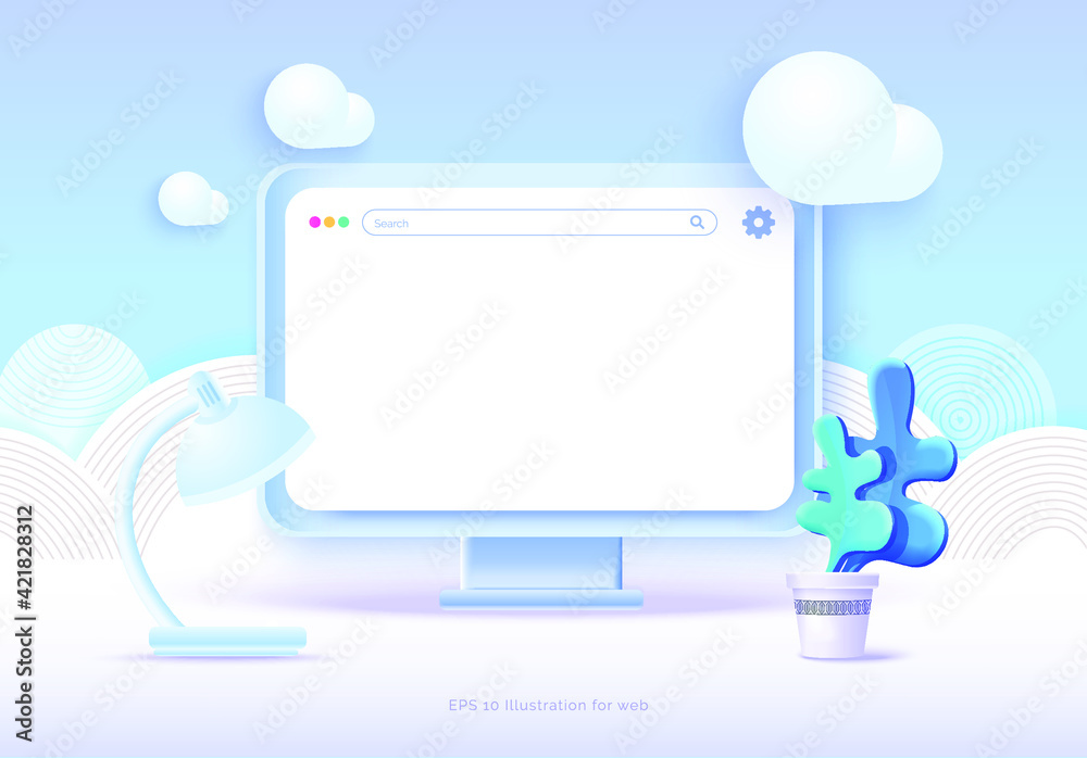 Mockup 3D monitor on a blue background with clouds and other elements ...