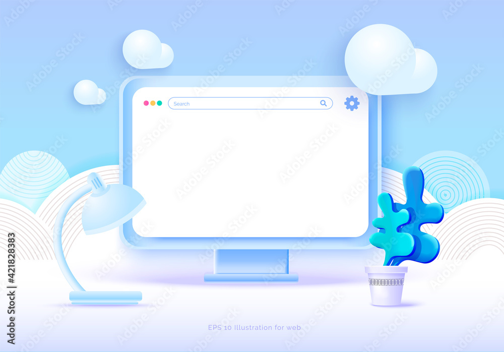 Mockup 3D monitor on a blue background with clouds and other elements ...