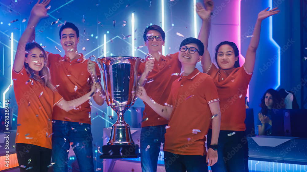 Diverse Esport Team Winner of the Video Games Tournament Celebrates ...