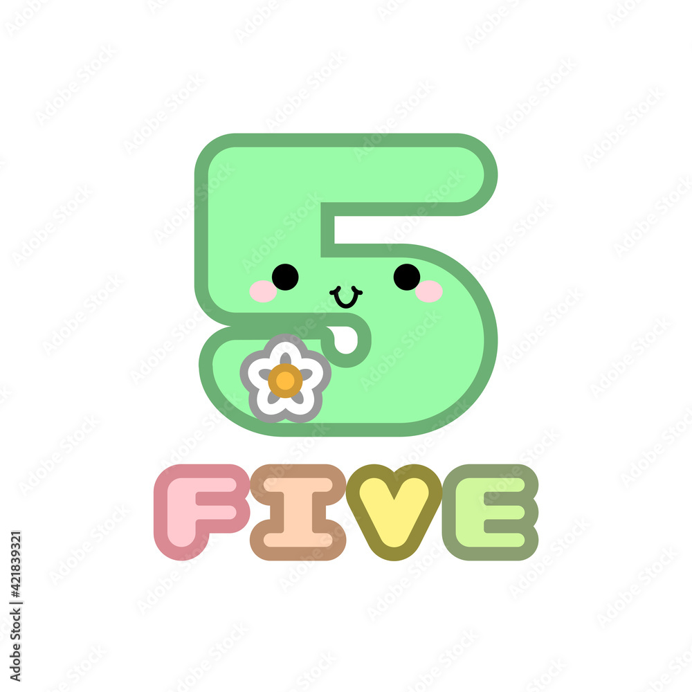 Cute cartoon number 5 smiling face with eyes and mouth isolated on ...