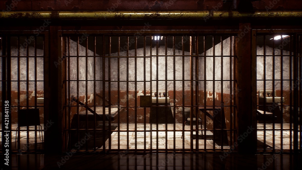 An old prison with empty closed cells. View of an ancient prison. 3D ...