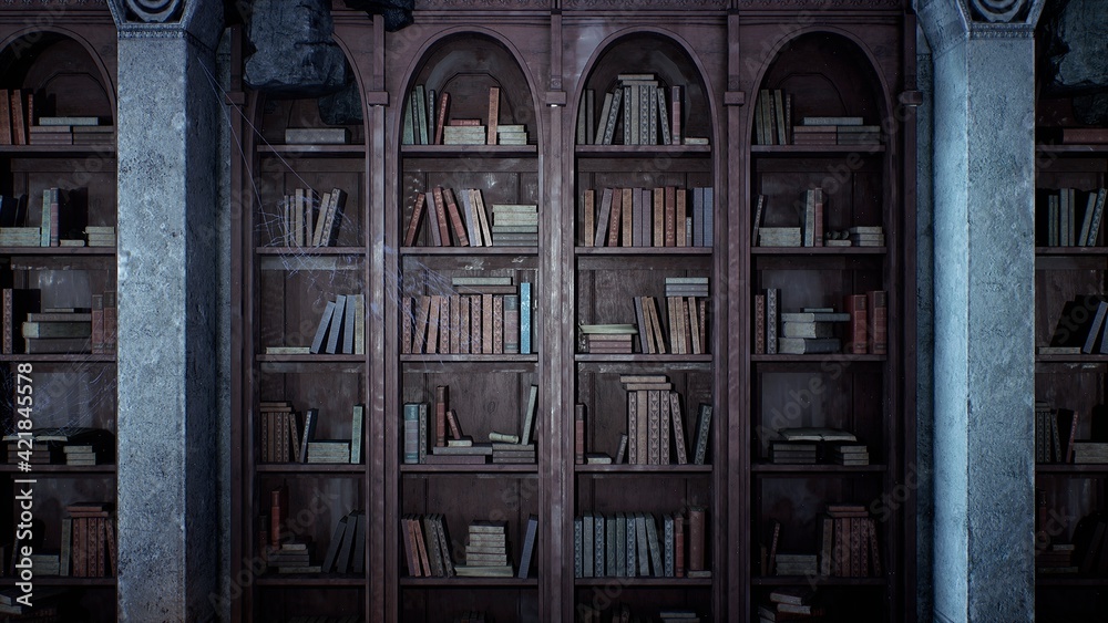 An ancient medieval library with old books and cobweb-covered ...