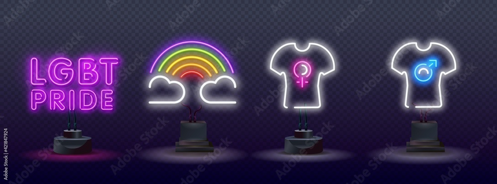 Pride neon text vector design template. LGBT neon icons, light banner ...