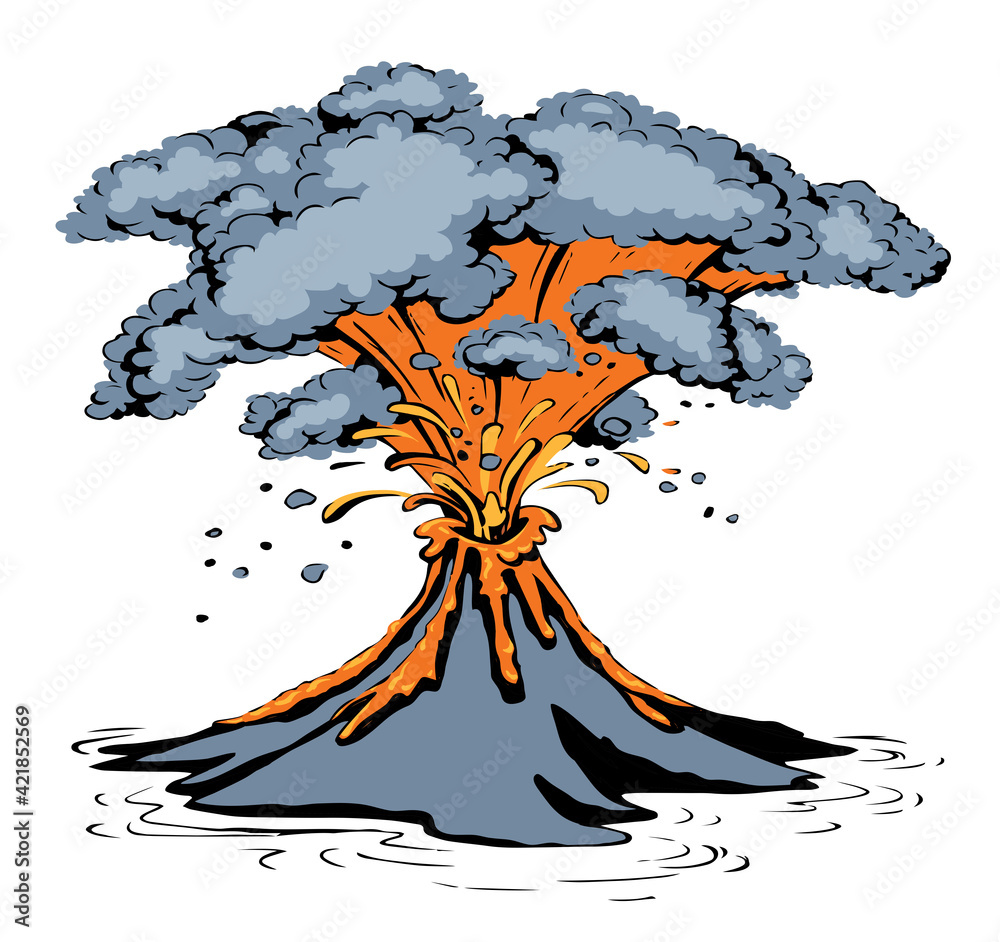 A smoking volcano eruption. Vector drawing Stock Vector | Adobe Stock