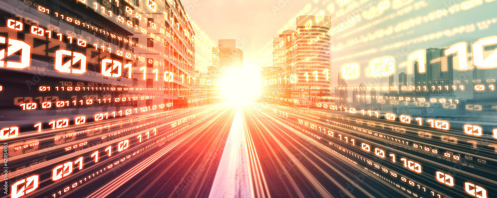 Digital data flow on road with motion blur to create vision of fast ...