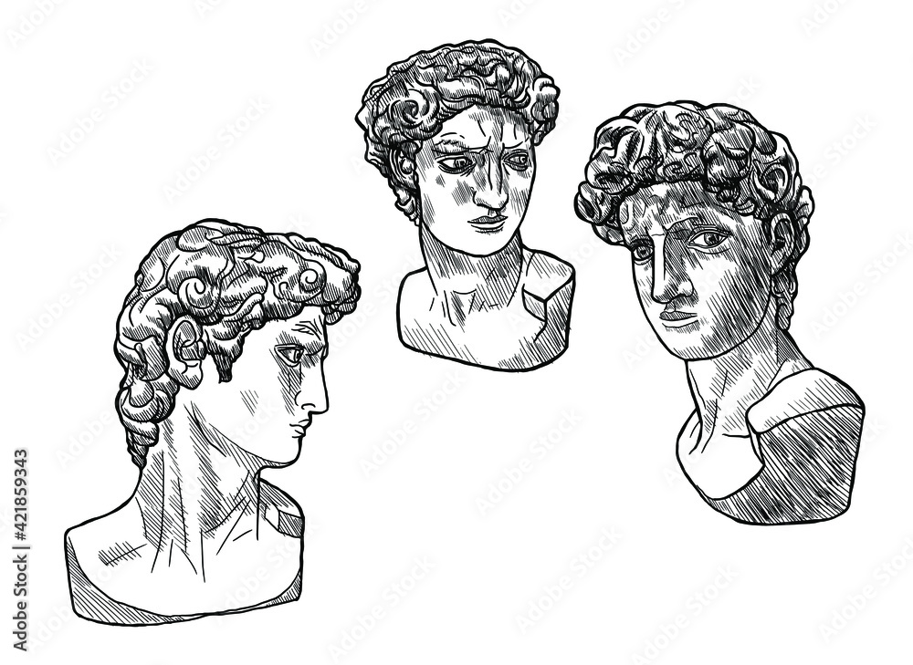 Hand drawn vector sketch of a plaster bust of ancient Roman Apollo. A ...