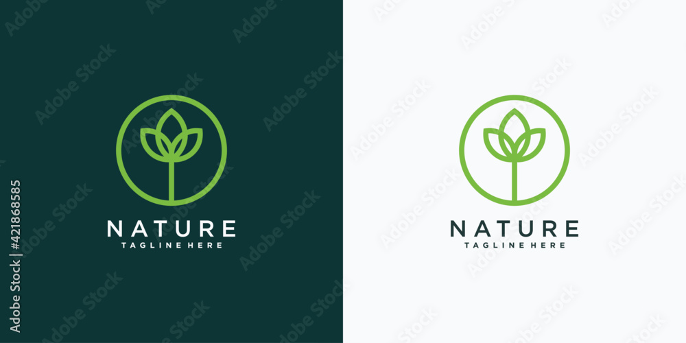 Nature logo design template with creative line art style and circle ...