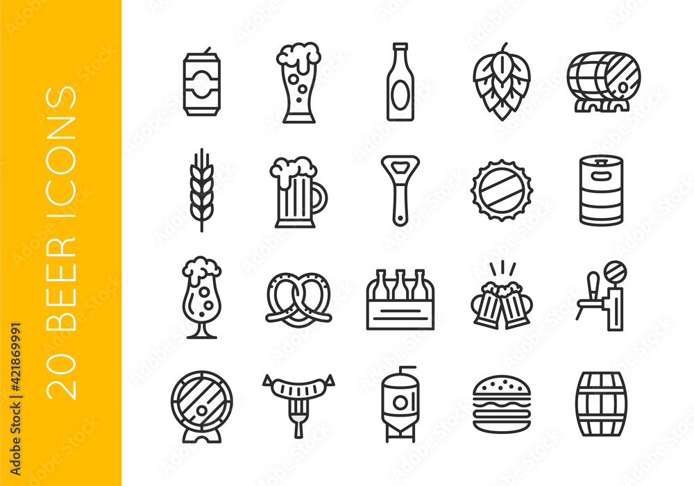 Beer icons. Set of 20 beer trendy minimal icons. Mug, Glass, Barrel ...
